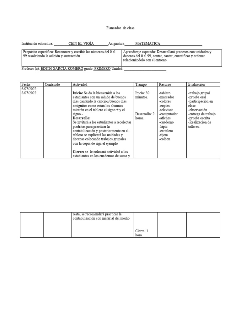 Planeador de Clase-Tercer Grado-Ciencias naturales-EG | PDF ...