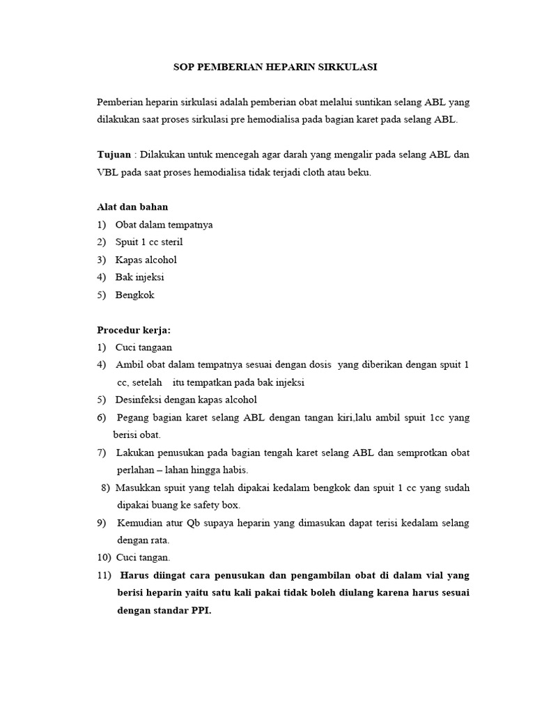SOP PEMBERIAN HEPARIN Sirkulasi | PDF | Kesehatan Holistik | Sains & Matematika