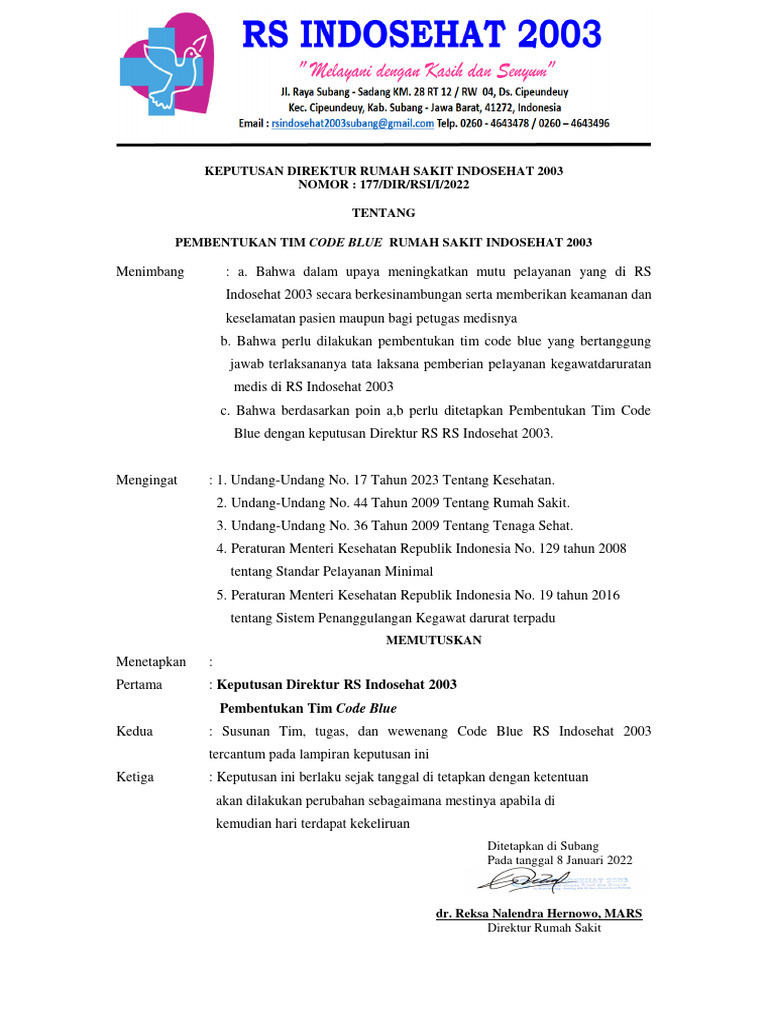 TKRS 7 Ep5 SK Tim Pembentukan Code Blue RS Indosehat 2003 | PDF