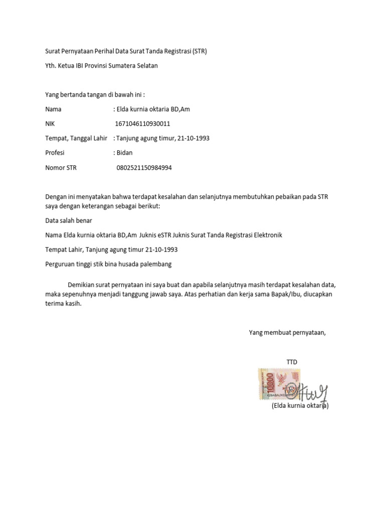 Surat Pernyataan Perihal Data Surat Tanda Registrasi Elda | PDF