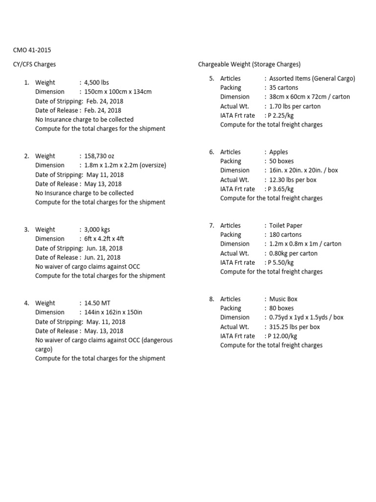 CMO 41-2015(sample problems) | PDF | Freight Transport | Consumer Goods