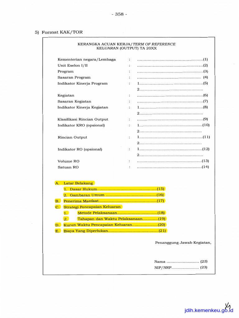 Format TOR RAB Peraturan Menteri Keuangan No. 62 Tahun 2023 | PDF