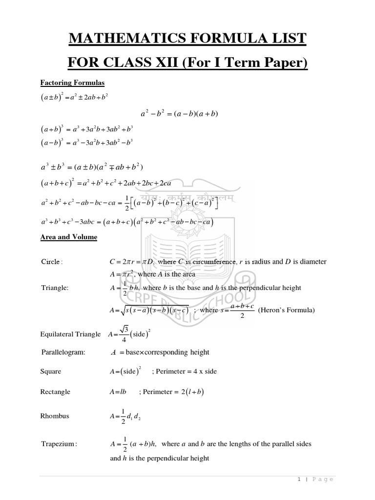 List of Math Formulas Xii Class I Term | PDF | Determinant | Matrix ...