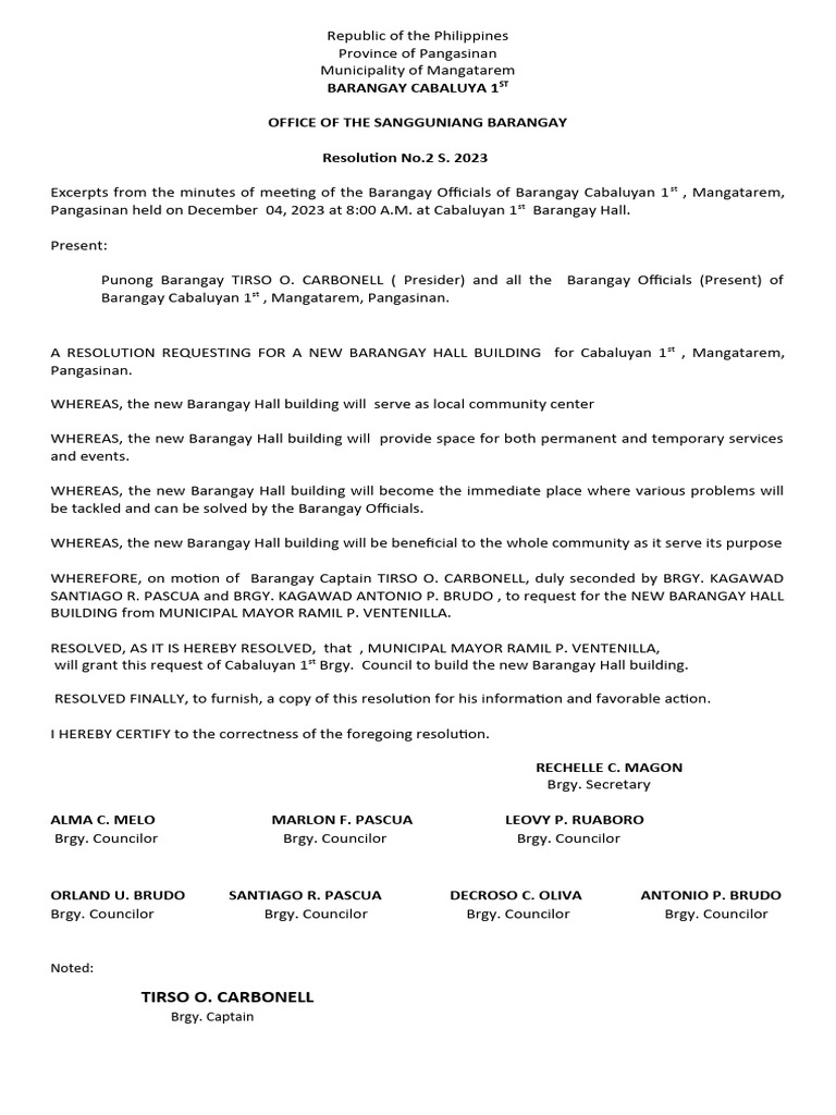 Resolution for New Barangay Hall | PDF | Philippines