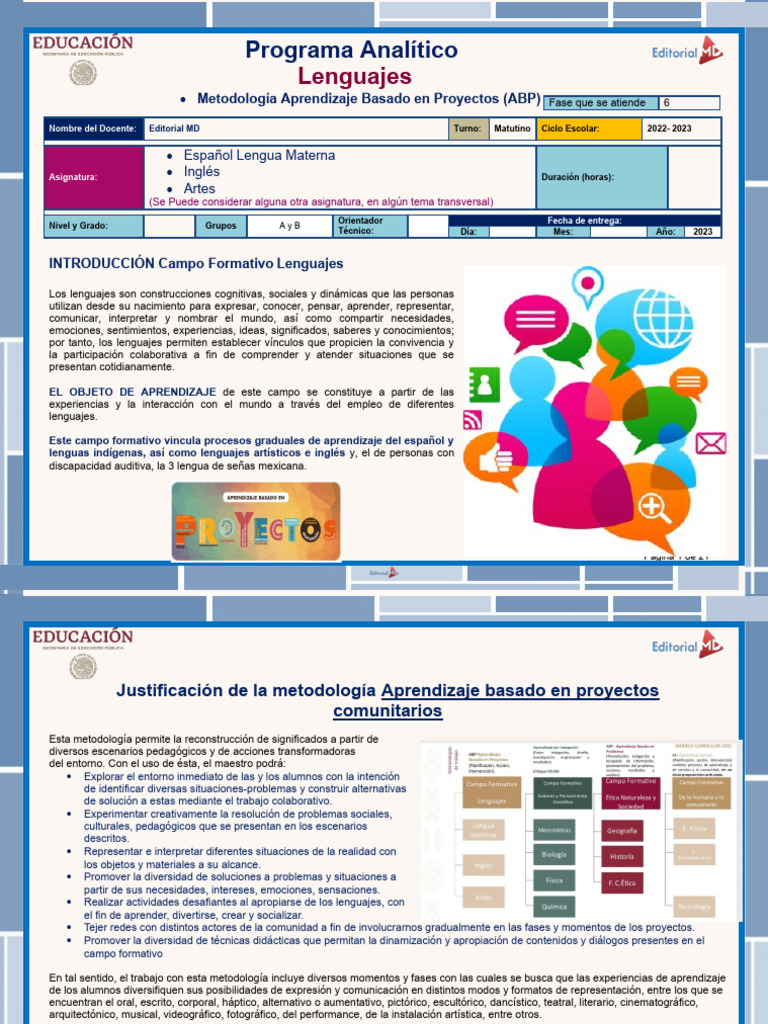 Programa Analítico Fase 6 Secundaria Lenguajes ABP Editorial MD | PDF | Aprendizaje | Evaluación