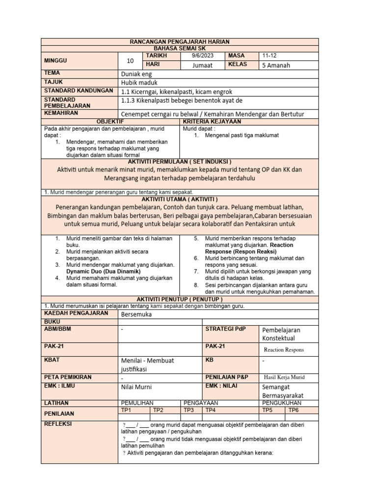 TEMPLATE RPH Semai THN5 SIAP | PDF