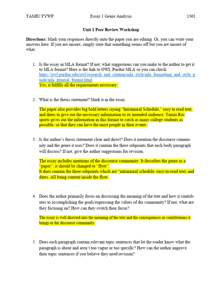 Essay 1 Genre Analysis Peer Review Questions-Ariel Perez | PDF | Essays ...