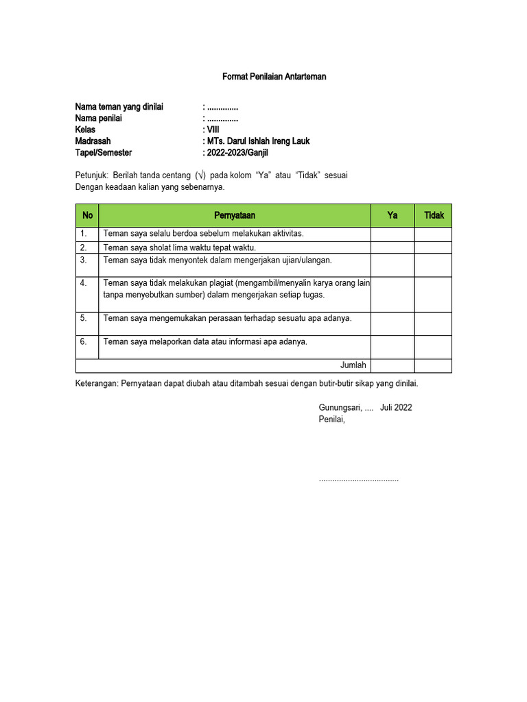 Form. Penilaian RPP 1 | PDF