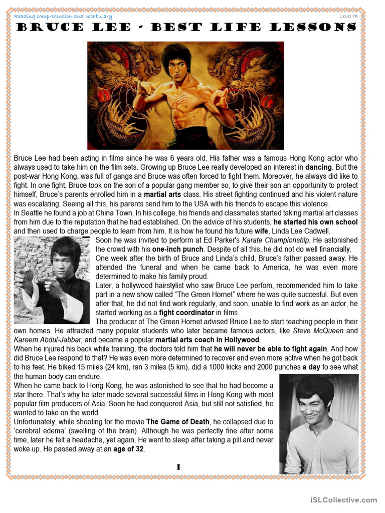 BRUCE LEE - LIFE LESSONS (reading + Past Simple) 4 pages (1) | PDF ...