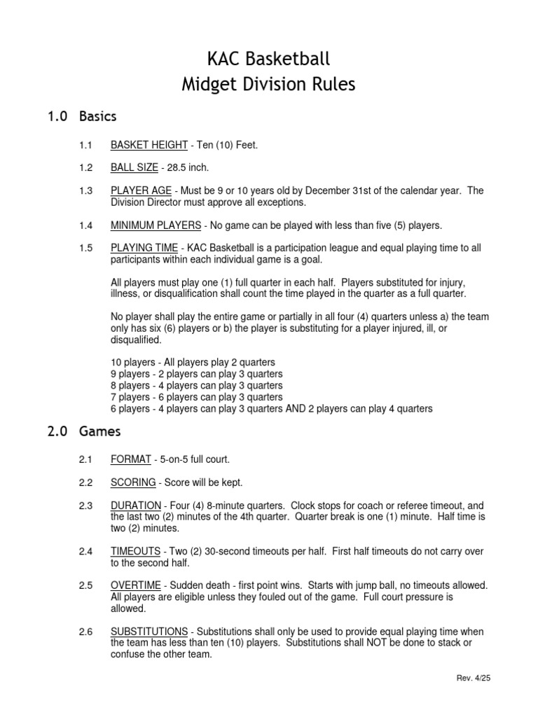 Kac Basketball Midget Division Rules | PDF | Sports Rules And Regulations | Indoor Sports