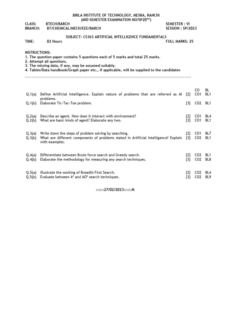 CS363 Artificial Intelligence Fundamentals - Oe (Mid - 230918 - 133415 | PDF | Artificial ...