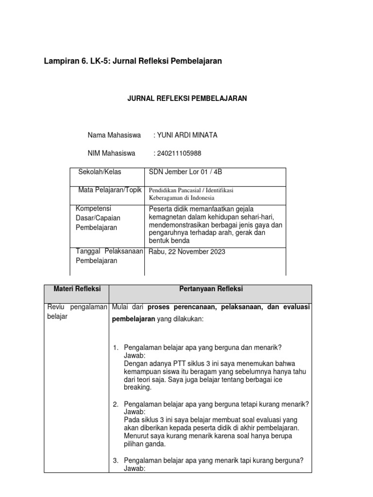 Lampiran 6. LK-5 Contoh Jurnal Refleksi Pembelajaran | PDF