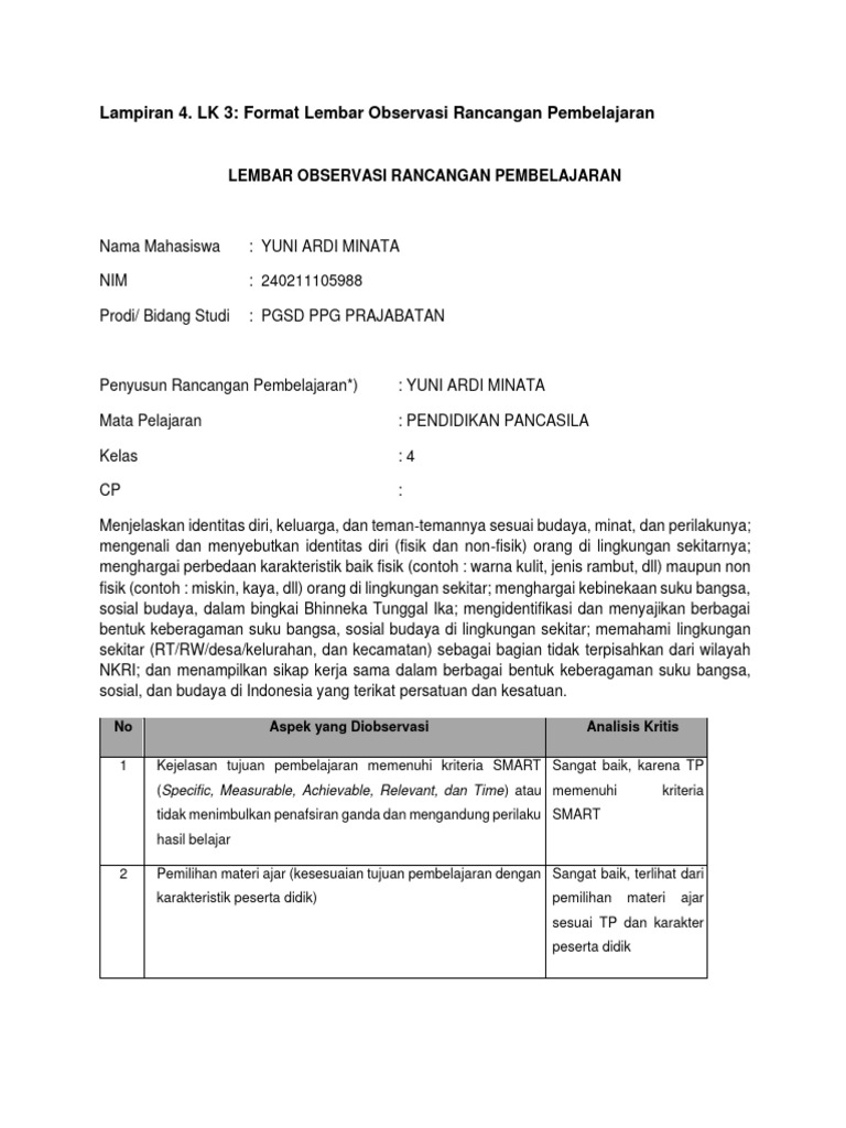 Lampiran 4. LK 3 Contoh Format Lembar Observasi Rancangan Pembelajaran ...