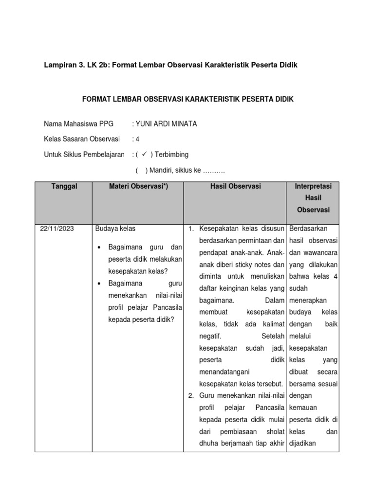 Lampiran 3. LK 2b Contoh Format Lembar Observasi Karakteristik Peserta ...