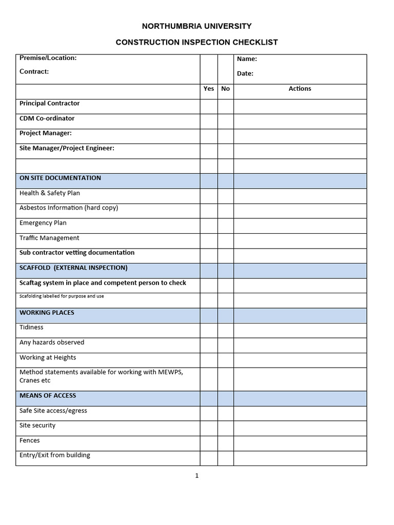 Health and Safety Inspection Checklist Construction | PDF ...