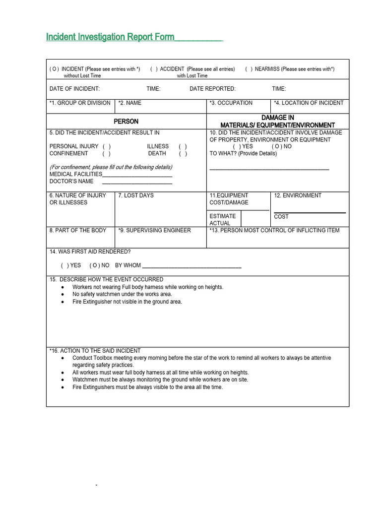 Incident Investigation Report FORM | PDF | Personal Protective ...