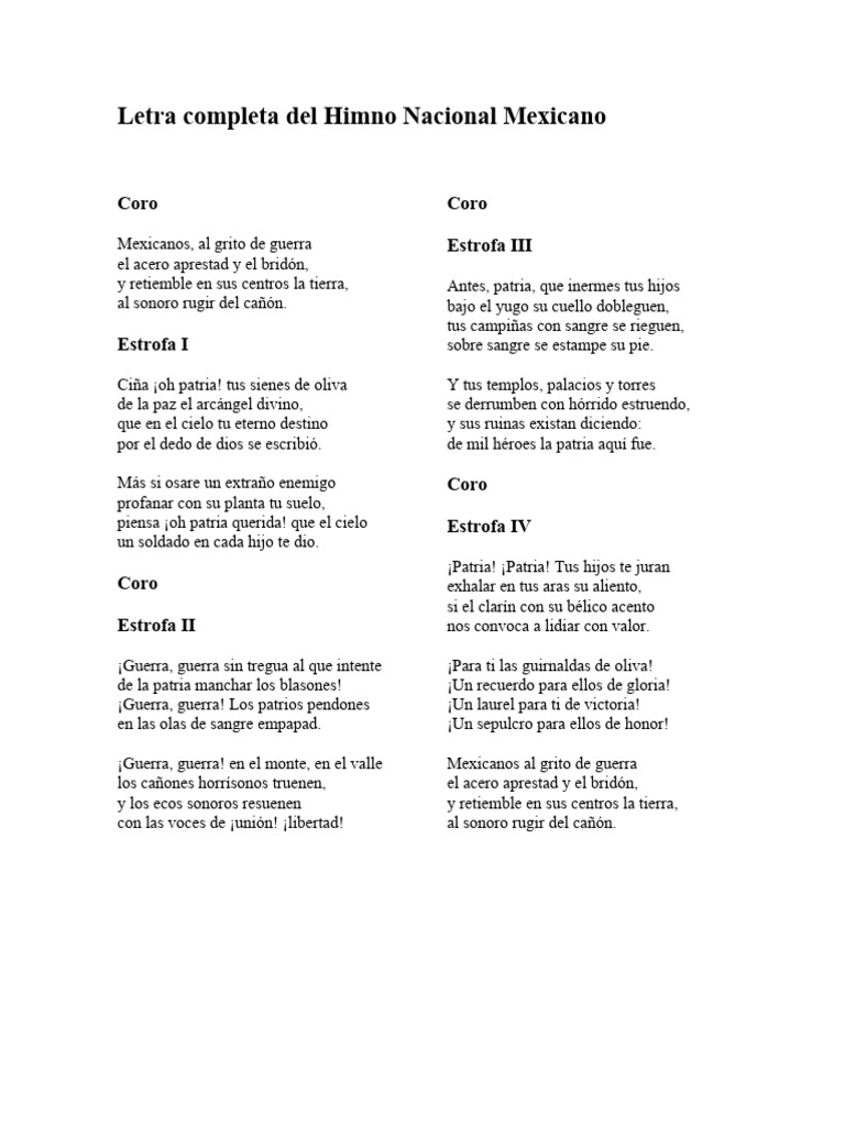 Letra Completa Del Himno Nacional Mexicano | PDF | México | Himnos