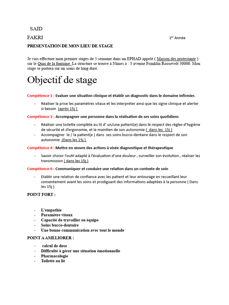 Objectifs de stage en EHPAD infirmier | PDF