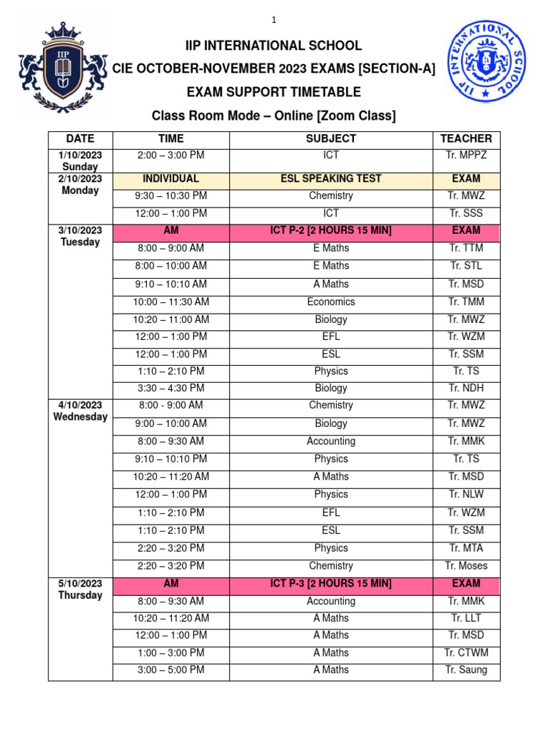 IIP School Oct-Nov 2023 Exam Timetable | PDF | Science & Mathematics | Technology & Engineering