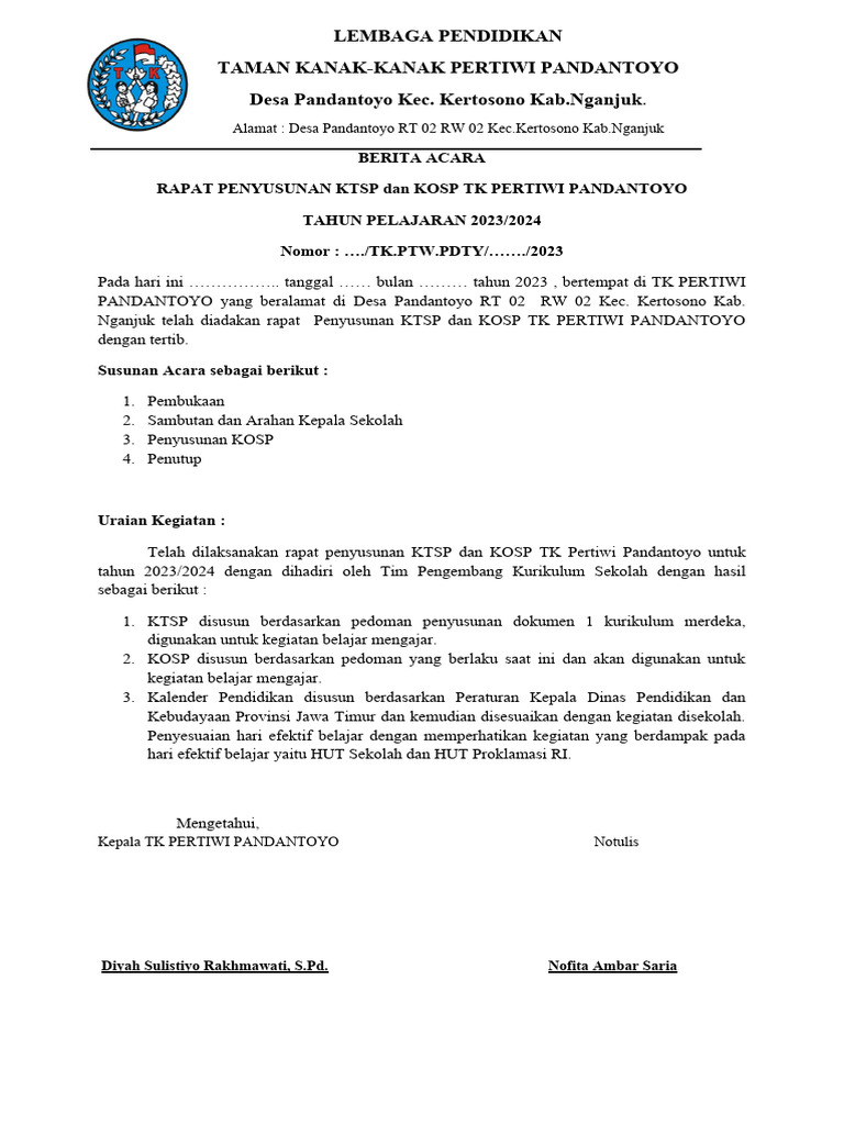 Berita Acara Penyusunan Kosp Dan KTSP | PDF