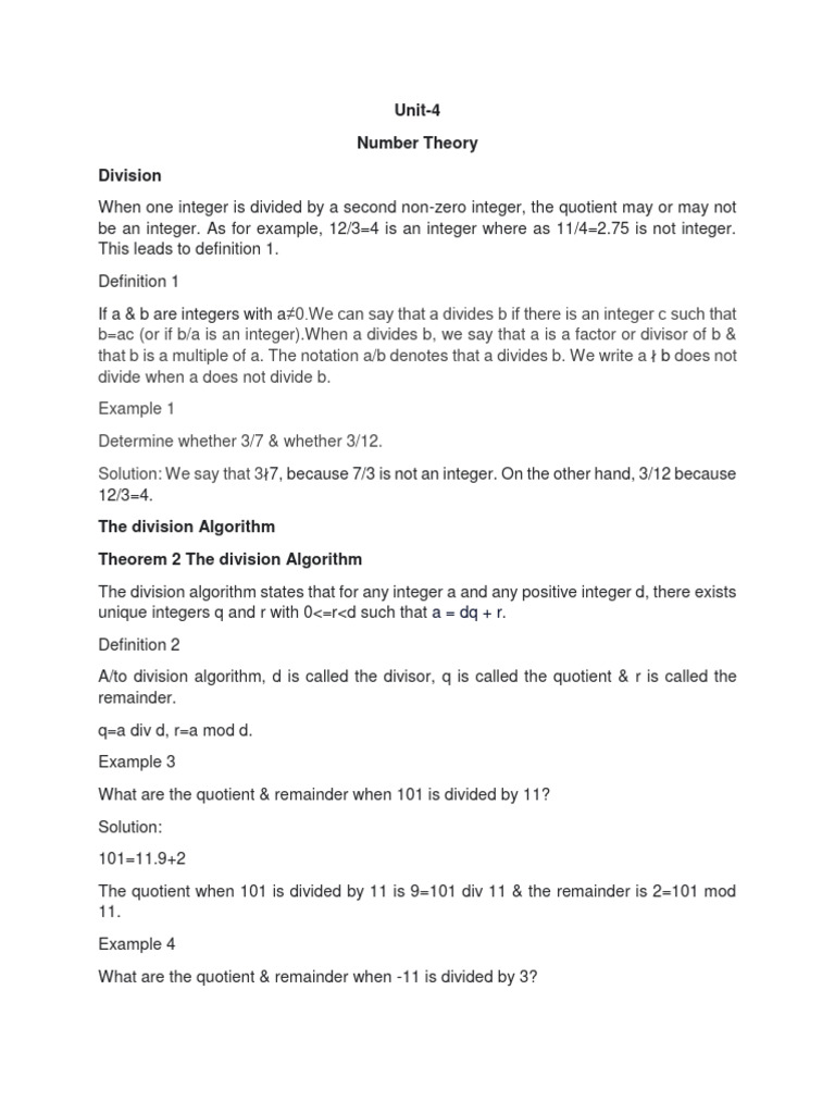 Unit-4 Number Theory | PDF | Matrix (Mathematics) | Integer