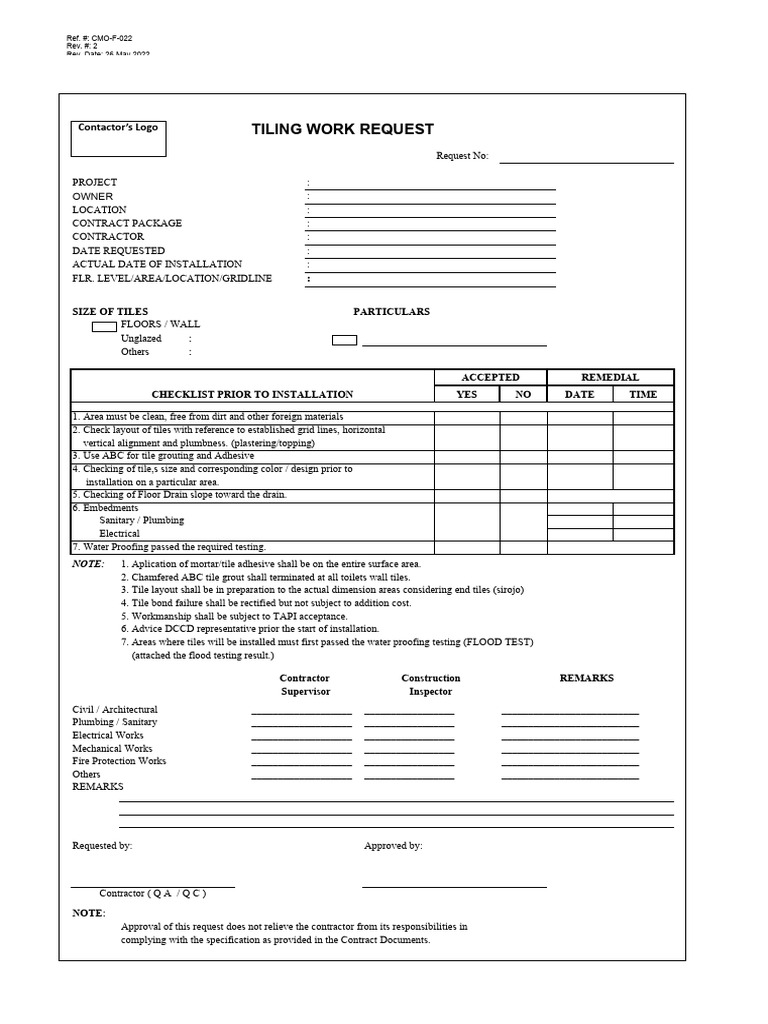 Tiling Work Request | PDF | Tile | Building Technology
