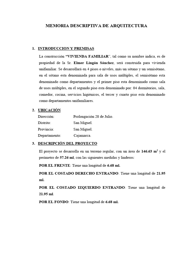 Memoria Descriptiva de Arquitectura | PDF | Inicio | Habitación