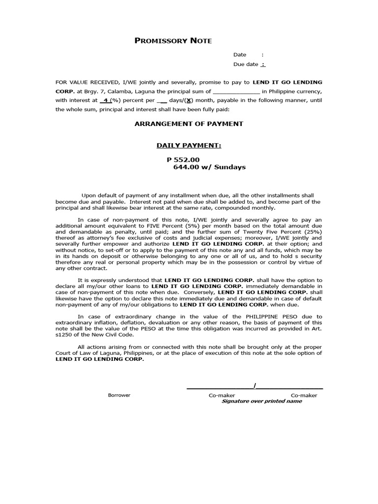 Promissory Note Lend It Go | PDF | Loans | Interest