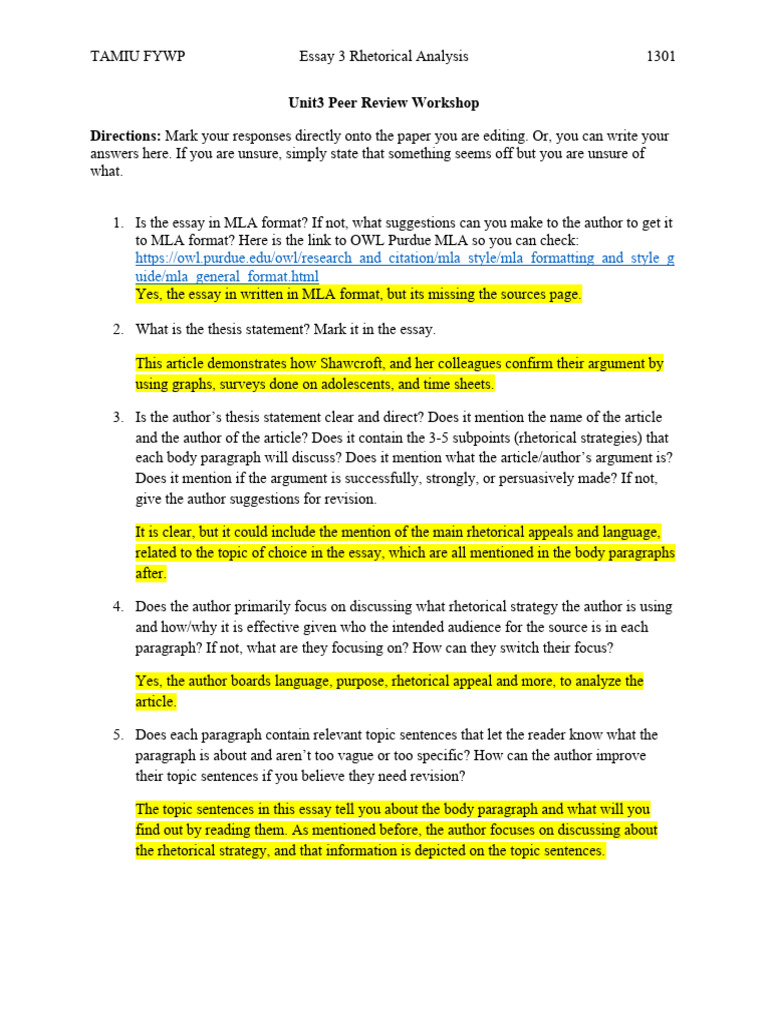 Essay 3 Rhetorical Analysis Peer Review Questions | PDF | Rhetoric | Essays