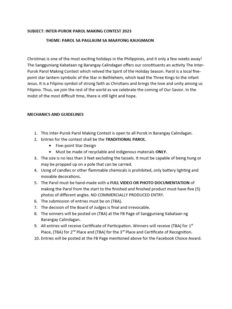 Inter-Purok Parol Contest 2023 Winners | PDF | Wellness