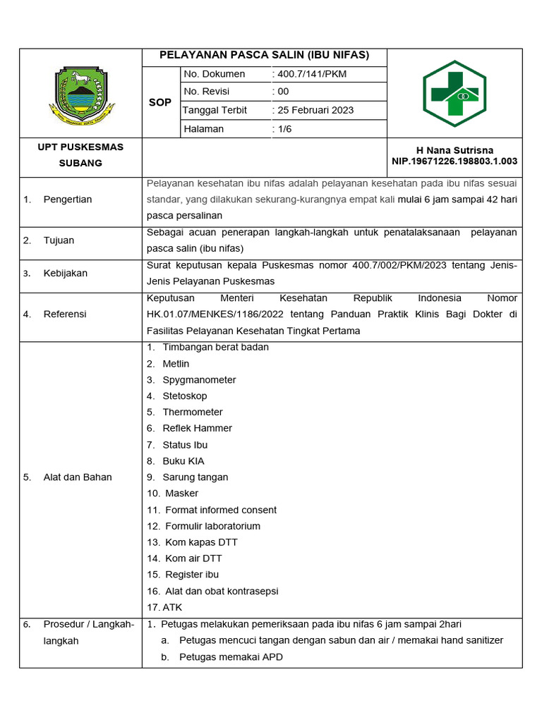 SOP Pelayanan Pasca Salin Ibu Nifas | PDF | Kesehatan Holistik | Sains & Matematika