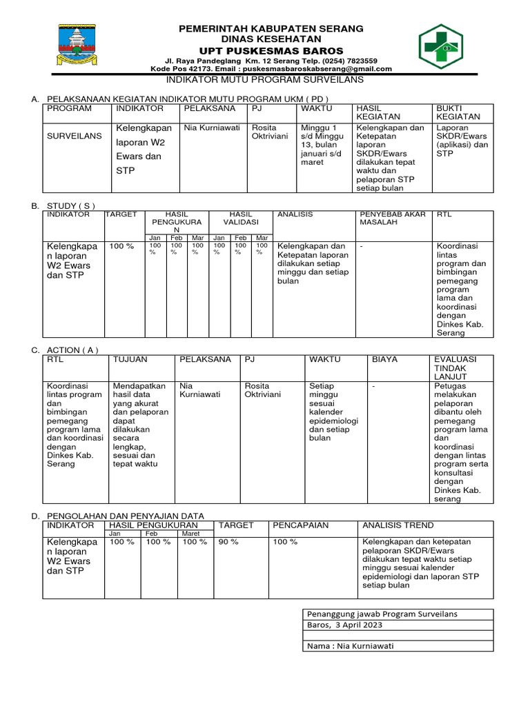Lembar Monitoring Validasi Indikator Mutu Surveilans 2023 Ewars STP | PDF