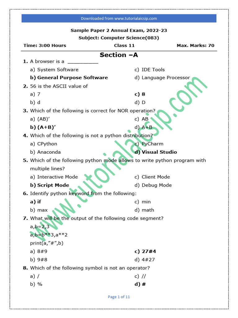 Answer Key Sample Paper 2 Class XI Annual Exam CS | PDF | Python (Programming Language ...
