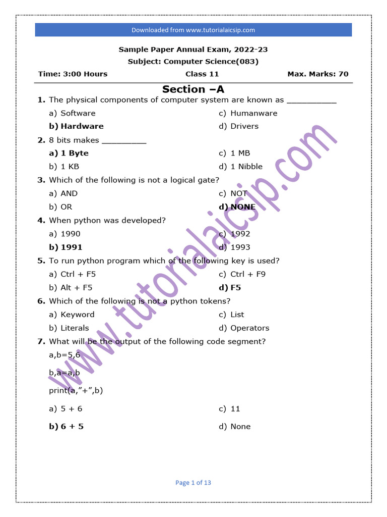 Answer Key Sample Paper 1 Class XI Annual Exam CS | PDF | Data Type | Computer Data Storage