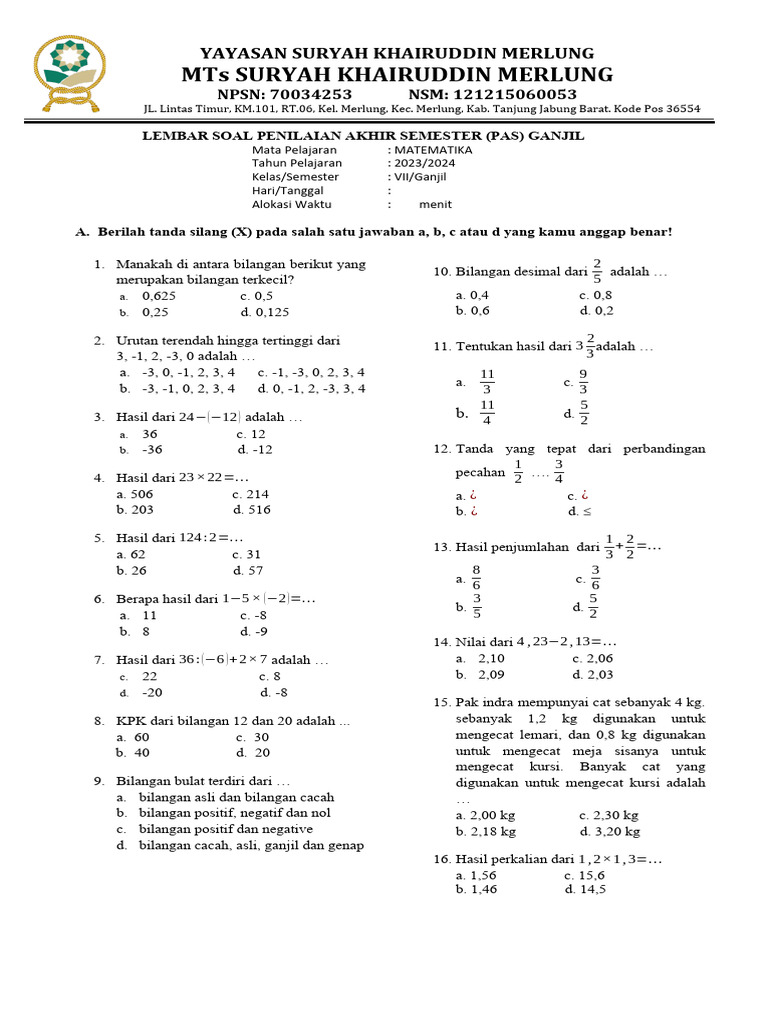Soal MTK Kelas 7 Genap | PDF