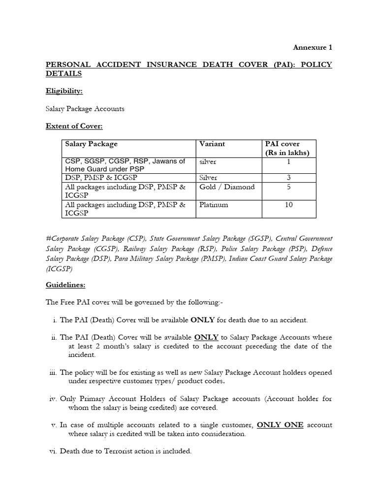 Personal Accident Insurance Death Cover Pai Policy Details | PDF ...