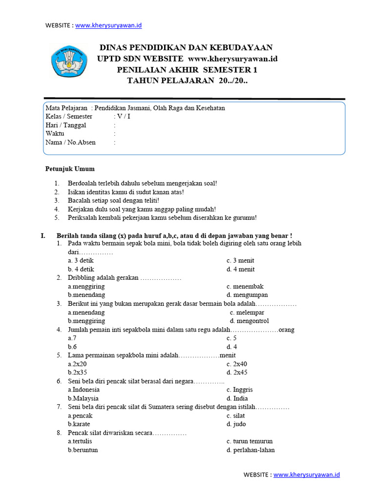 Soal &jawaban PAS PJOK Kelas 5 Ver.1 - WEBSITE WWW - Kherysuryawan.id | PDF