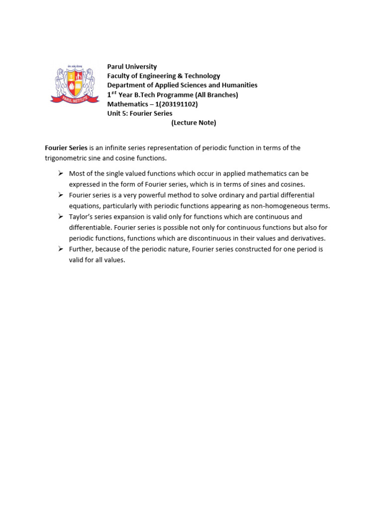 Unit 5 Fourier Series Pdf Fourier Series Trigonometric Functions