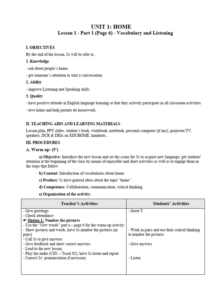 UNIT 1 - LESSON 1 - PART 1 - Vocabulary and Listening | PDF | Question ...