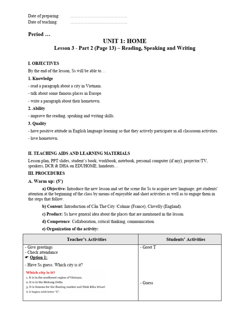 UNIT 1 - LESSON 3 - PART 2 - Reading, Speaking and Writing | PDF ...