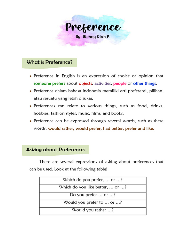 Preference - English Class (Ms. Wenny) | PDF | Language Mechanics ...