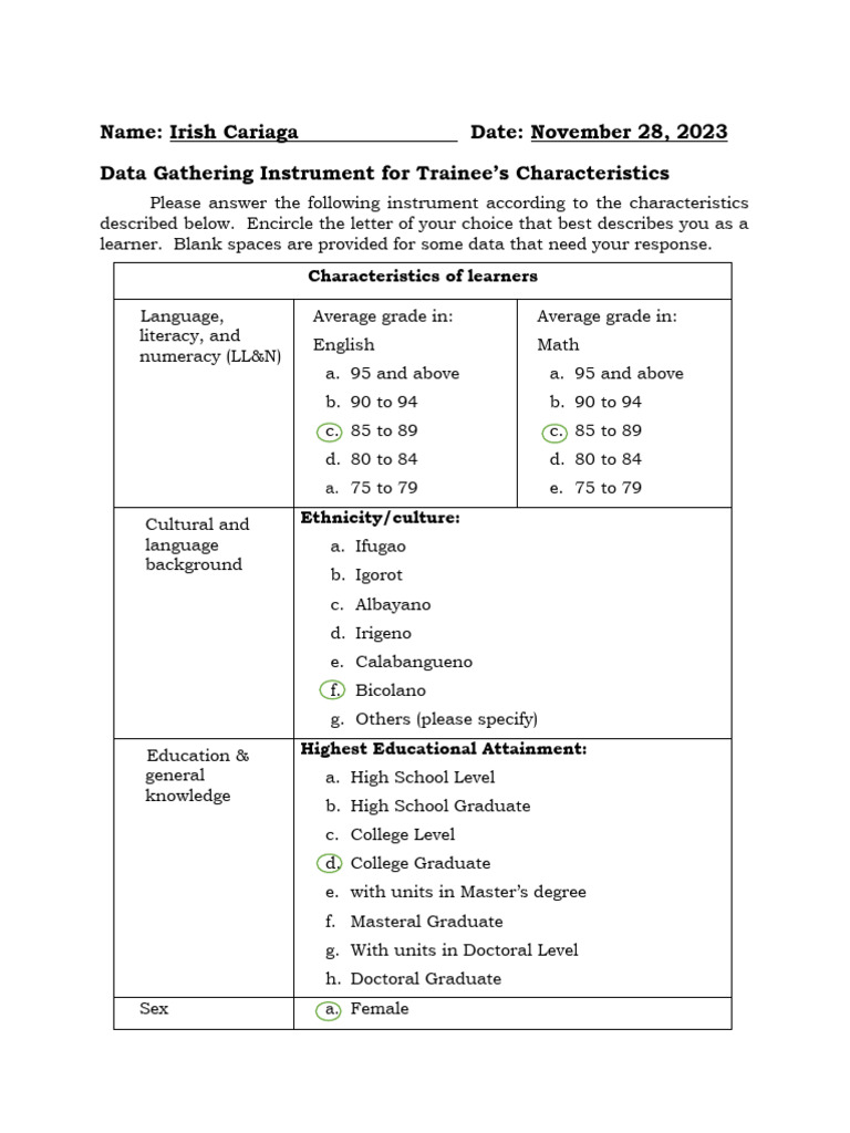 Trainee Characteristics Assessment Form | PDF | Learning | Learning Styles