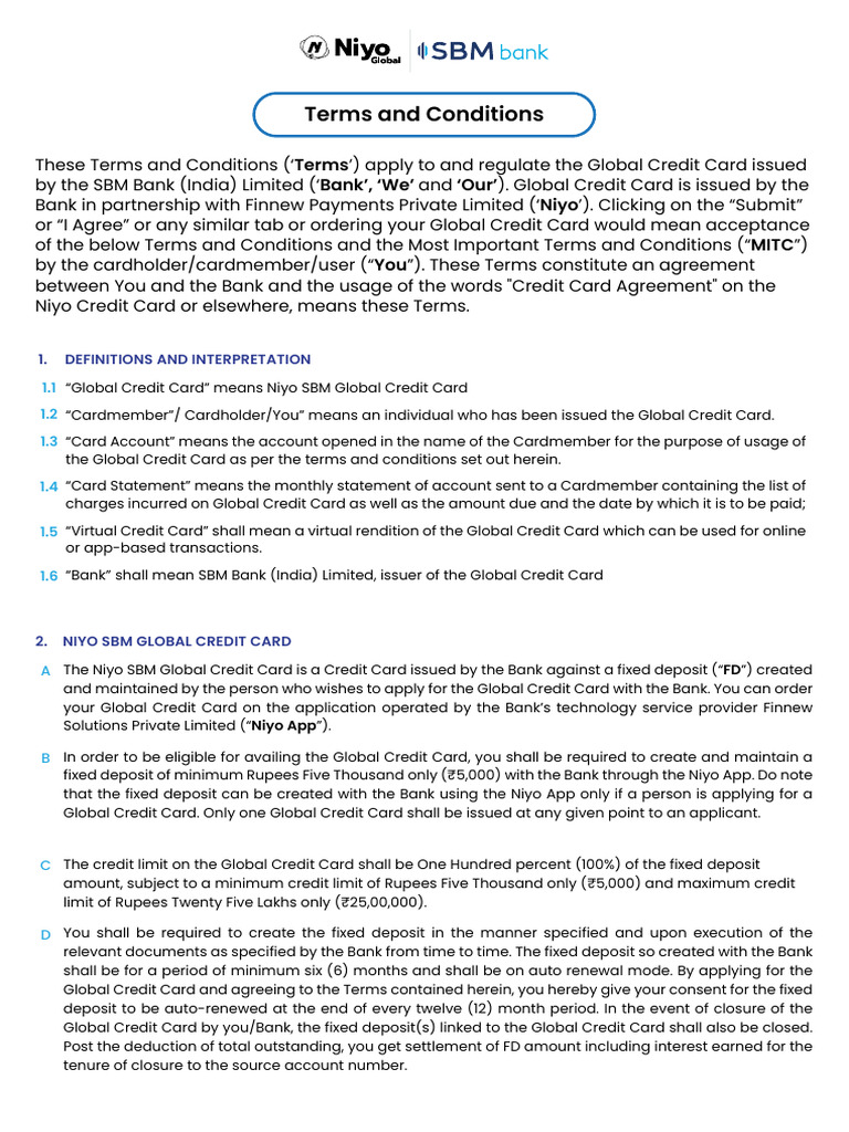Niyo SBM Global Credit Card Terms | PDF | Credit Card | Interest