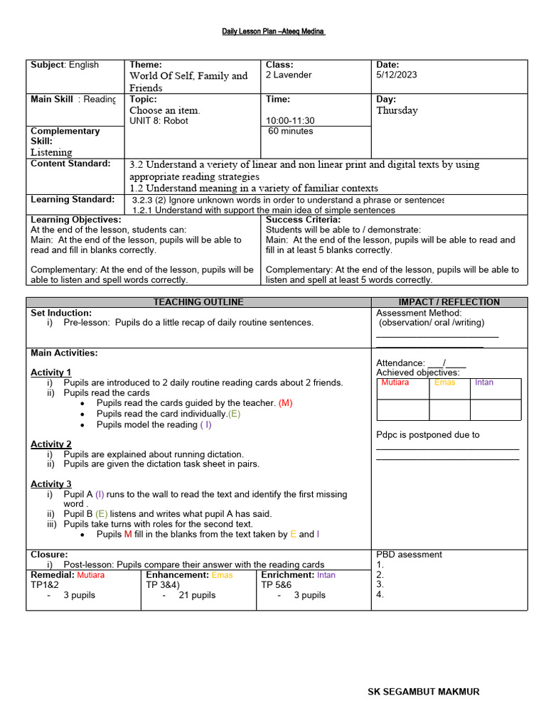 contoh rph terbeza | PDF | Lesson Plan | Cognitive Science