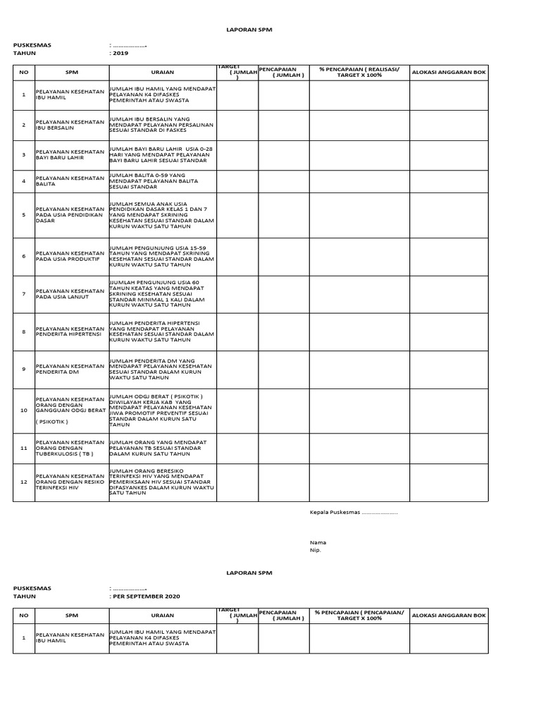 Format Laporan SPM Dan Data SPM Puskesmas | PDF | Kesehatan Holistik | Sains & Matematika