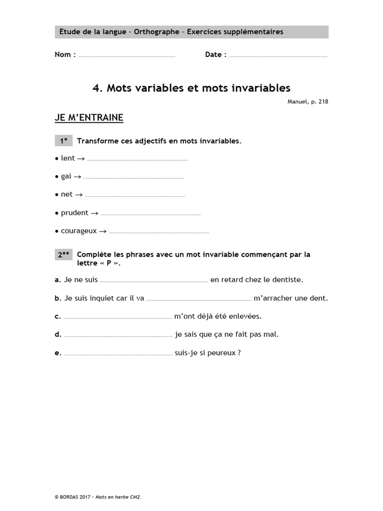 O 04 Mots Variables Mots Invariables | PDF | Études des langues ...