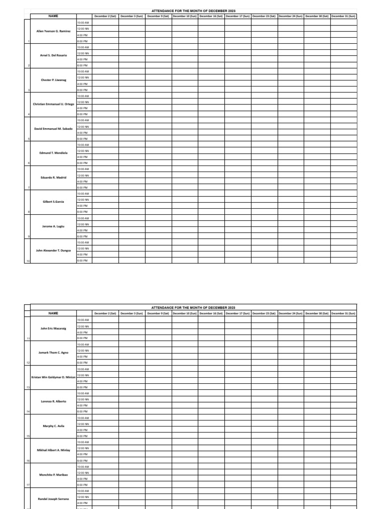 December Attendance Sheet | PDF