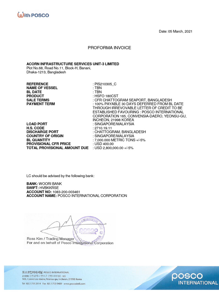 Posco International Proforma Invoice - C (AISL3) | PDF