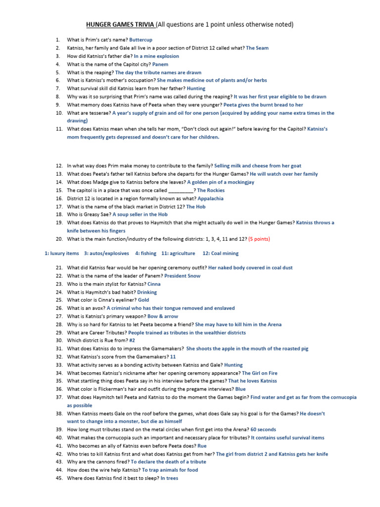 Hunger Games Trivia Quiz Questions | PDF | The Hunger Games