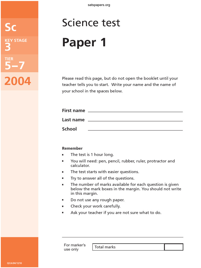 KS3 Science 2004 Paper 1 Level 5-7 | PDF | Oxide | Solubility